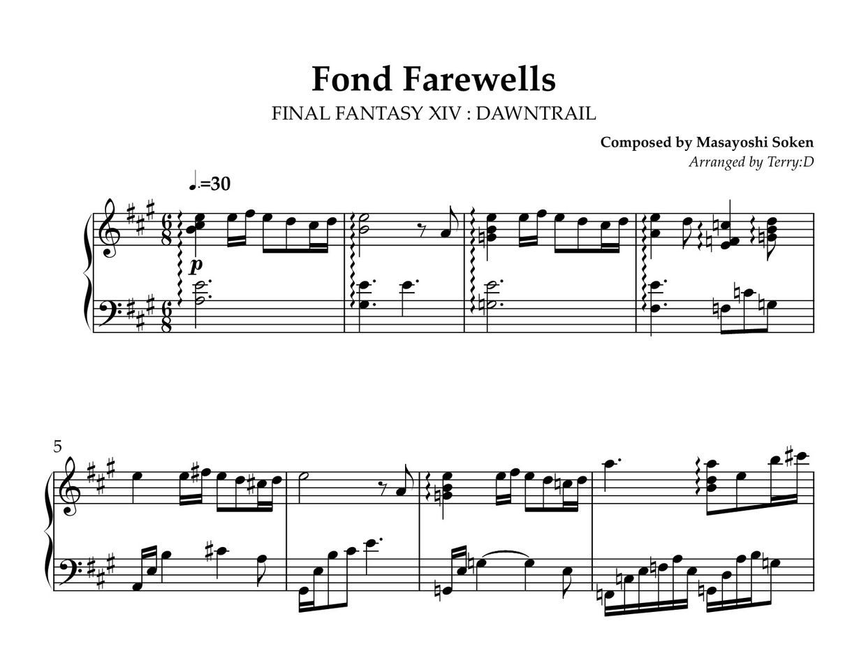 FFXIV- "Fond Farewells" for piano solo (Arr.by Terry:D)sheetmusic+midi