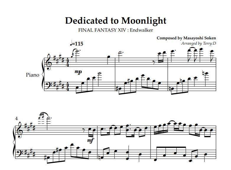 FFXIV - Dedicated to Moonlight(Sheetmusic+MIDI)Arr.by Terry:D
