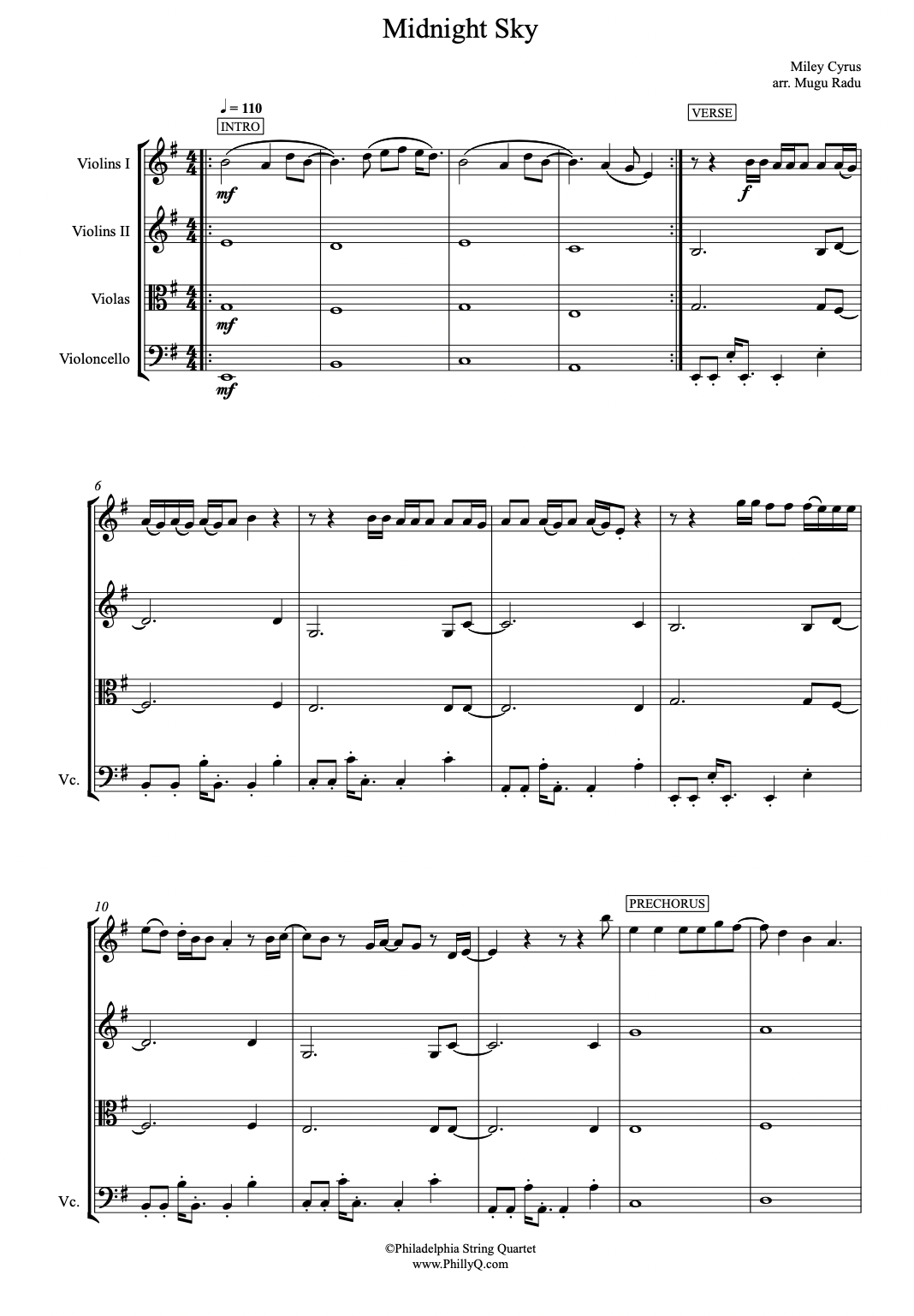Midnight Sky by Miley Cyrus - String Quartet Sheet Mus