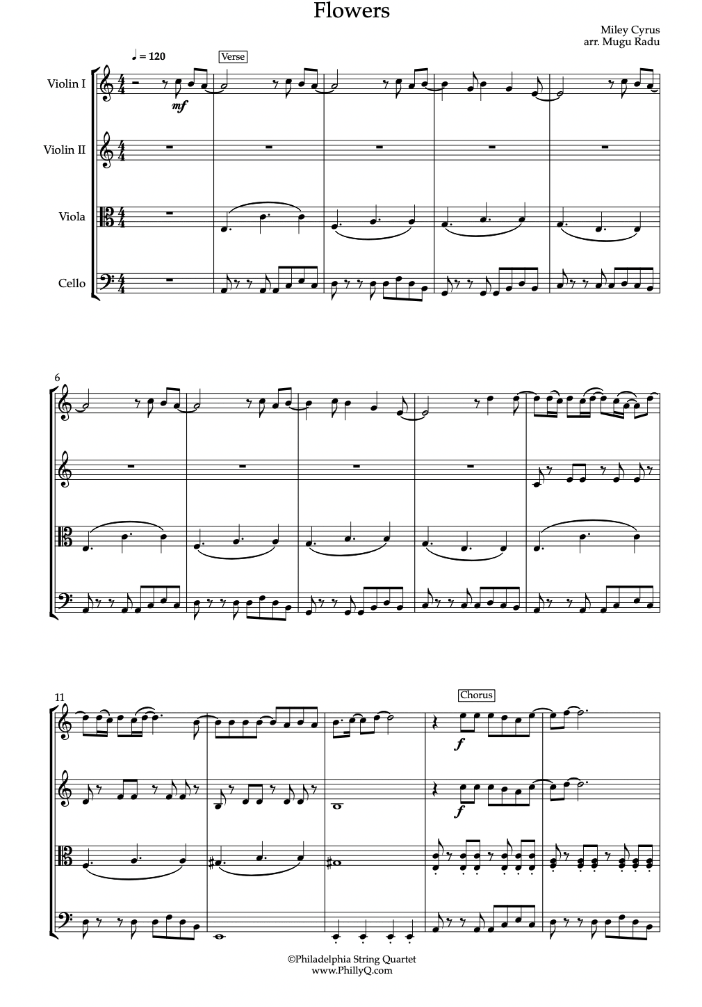 Flowers by Miley Cyrus - String Quartet Sheet Music