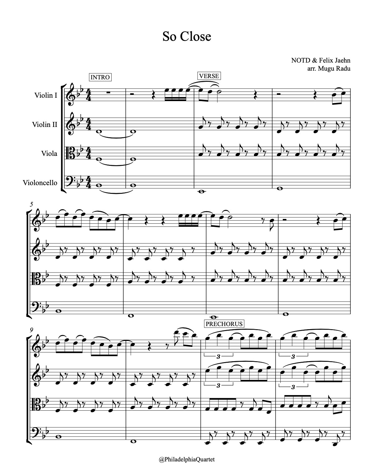 So Close by NOTD & Felix Jaehn - String Quartet Sheet Music
