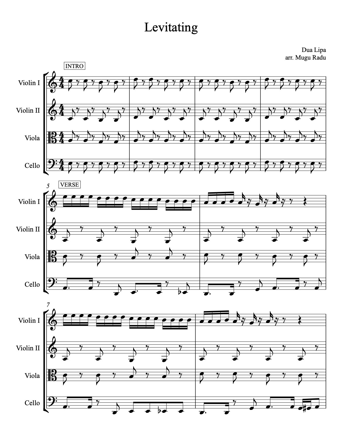 Levitating by Dua Lipa - String Quartet Sheet Music