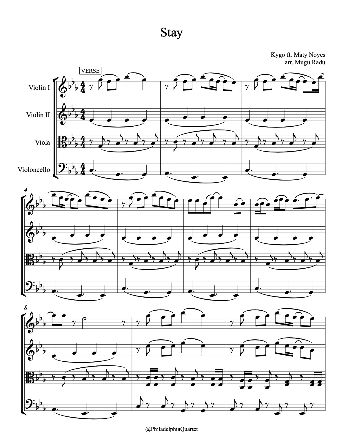 Stay by Kygo ft. Maty Noyes - String Quartet Sheet Music