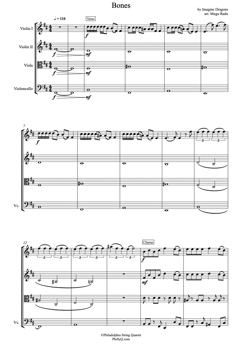 Bones by Imagine Dragons - String Quartet Sheet Music