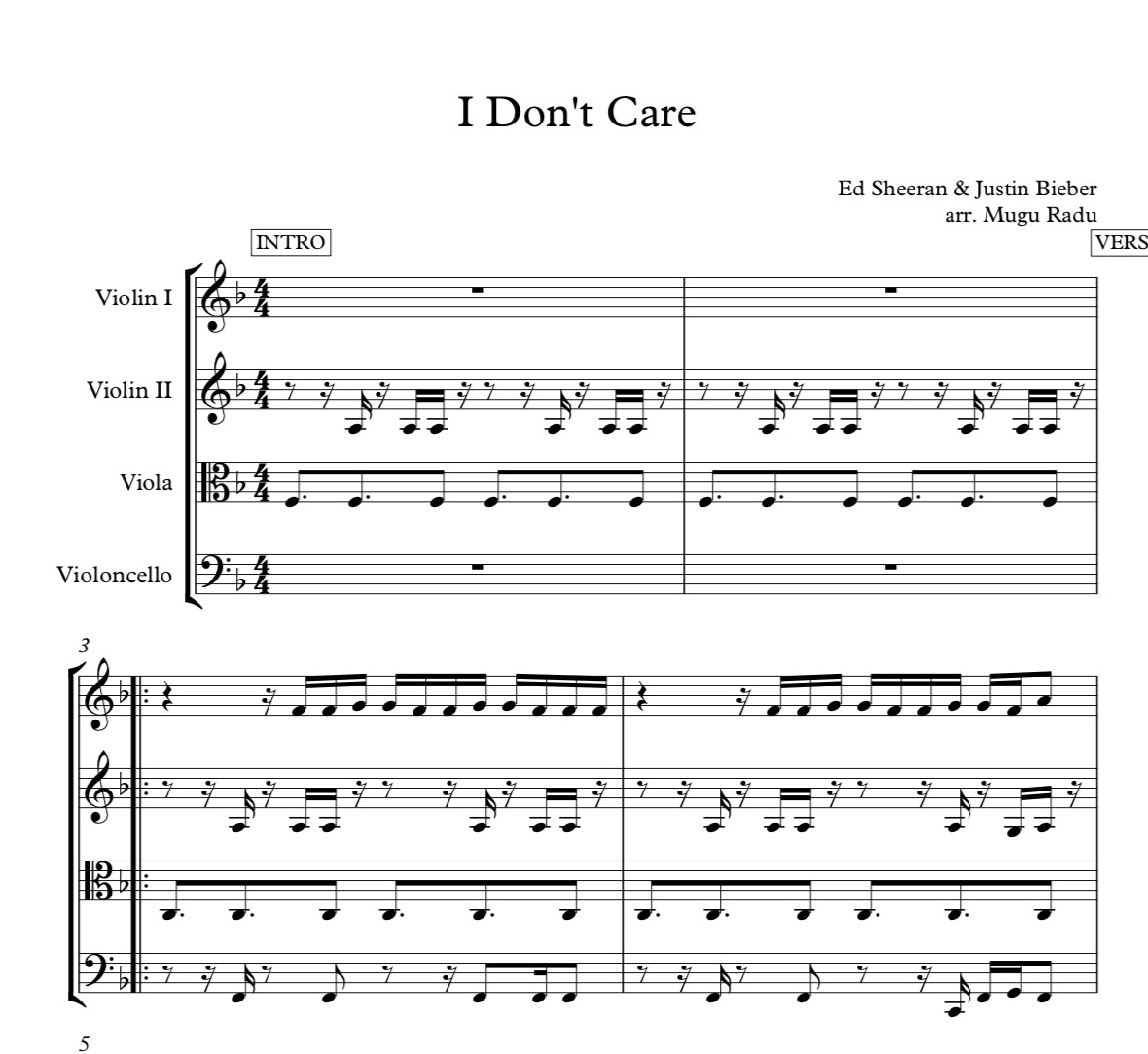 I Don't Care Ed Sheeran & Justin Bieber - String Quartet Sheet Music