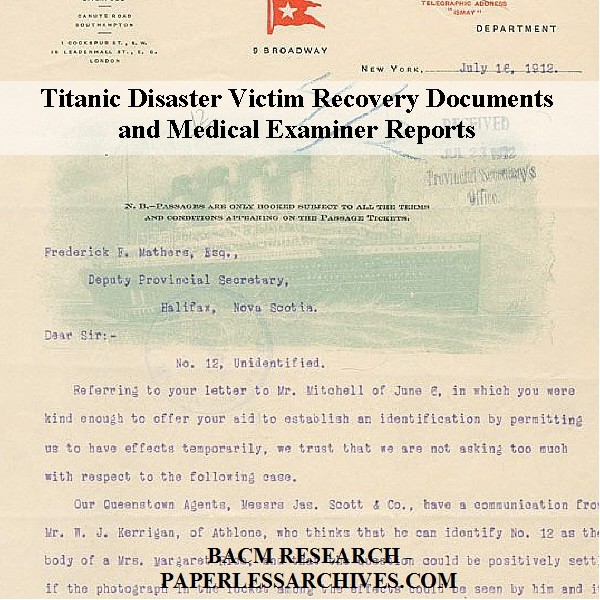 Titanic Disaster Victim Recovery Documents & Medical E