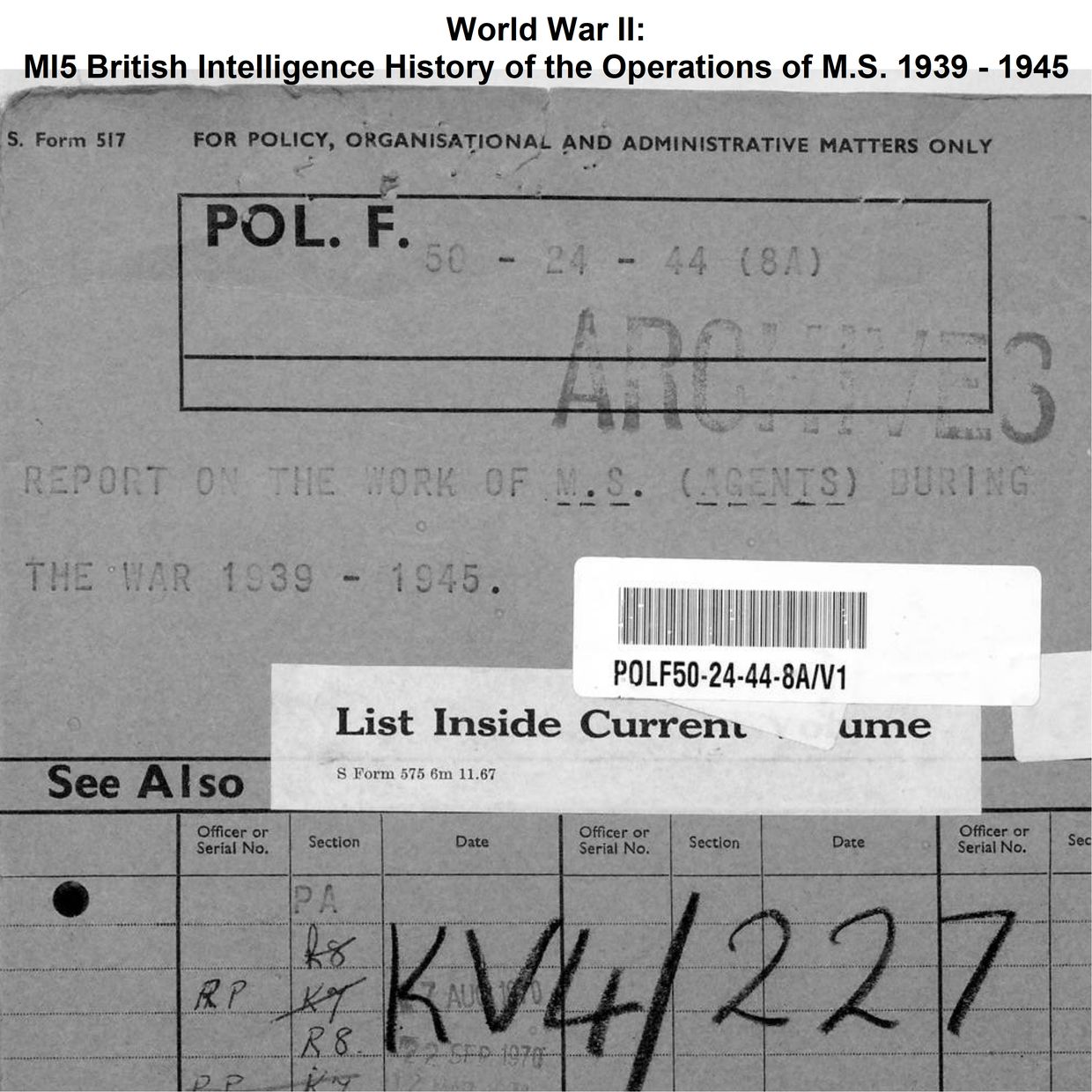 World War II: MI5 British Intelligence History of the Operations of M.S ...