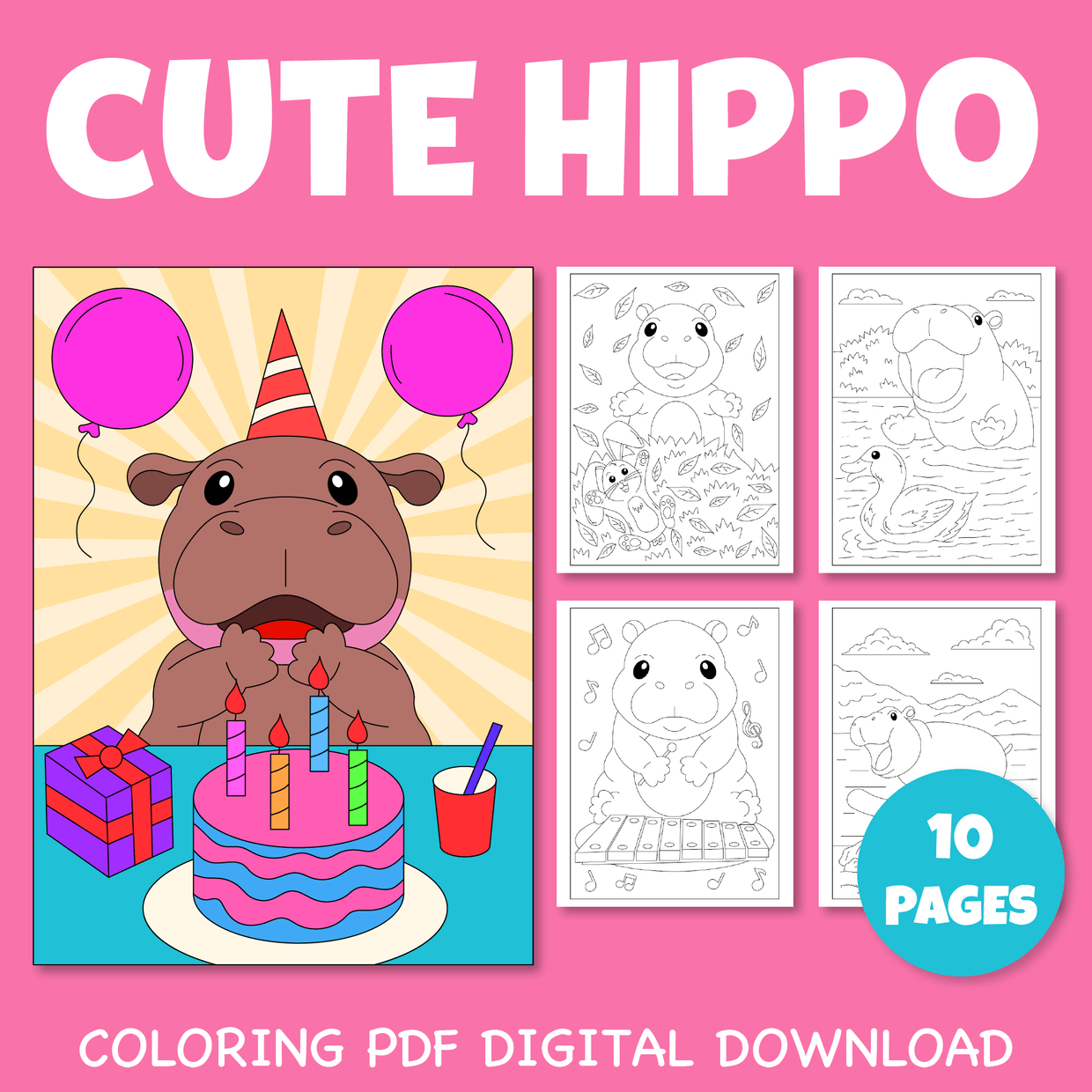 Cute Hippo Coloring Pages Pack 1 | pdf sheet Printable US Letter