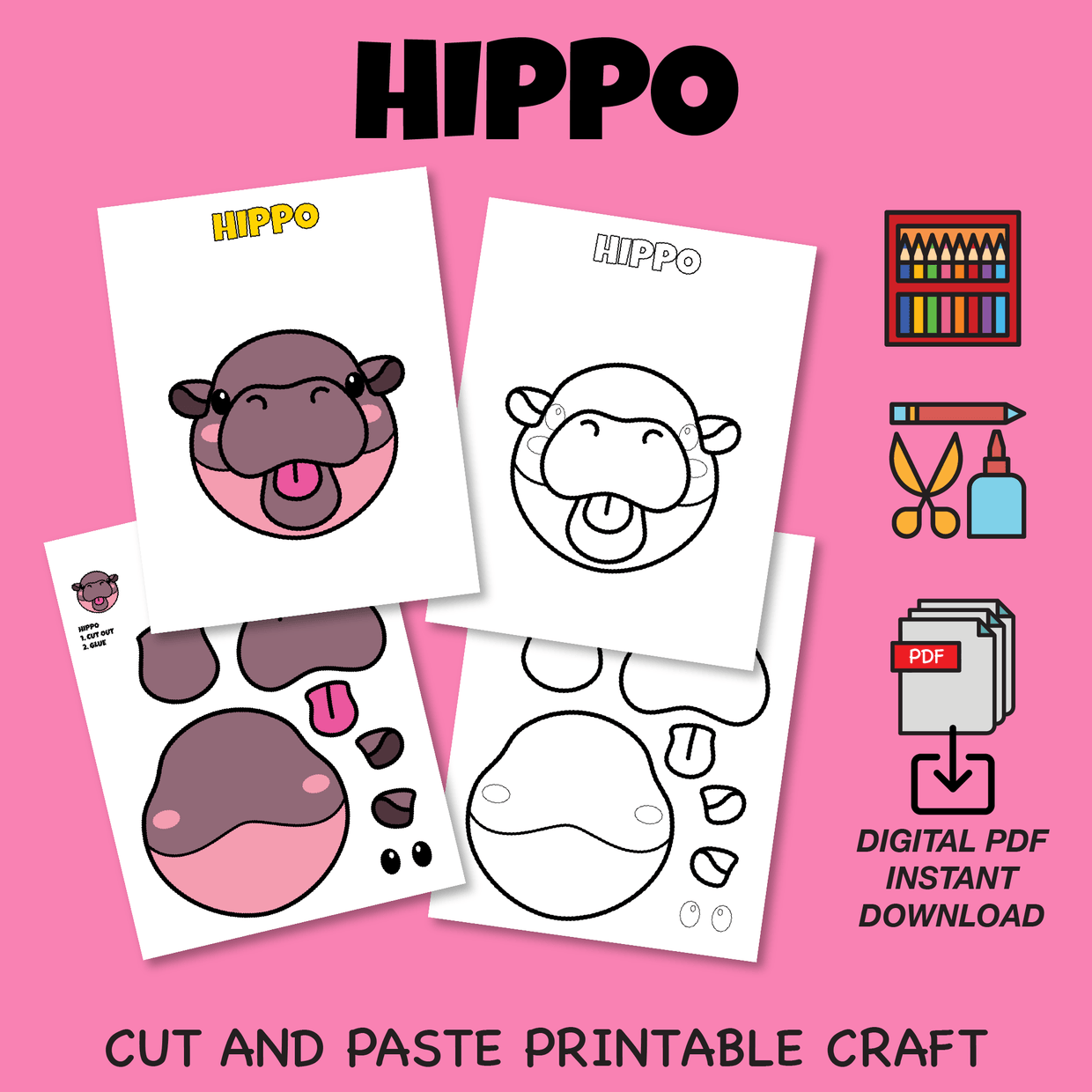Hippo cute baby animal cut and Paste Paper Craft Worksheets for Kids ...