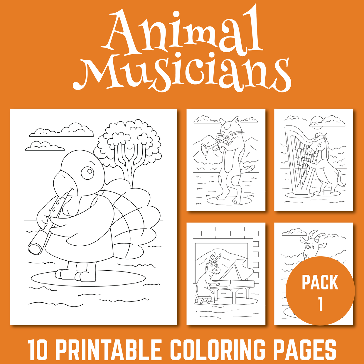 Animal Musicians Coloring Pages for Kids Pack 1