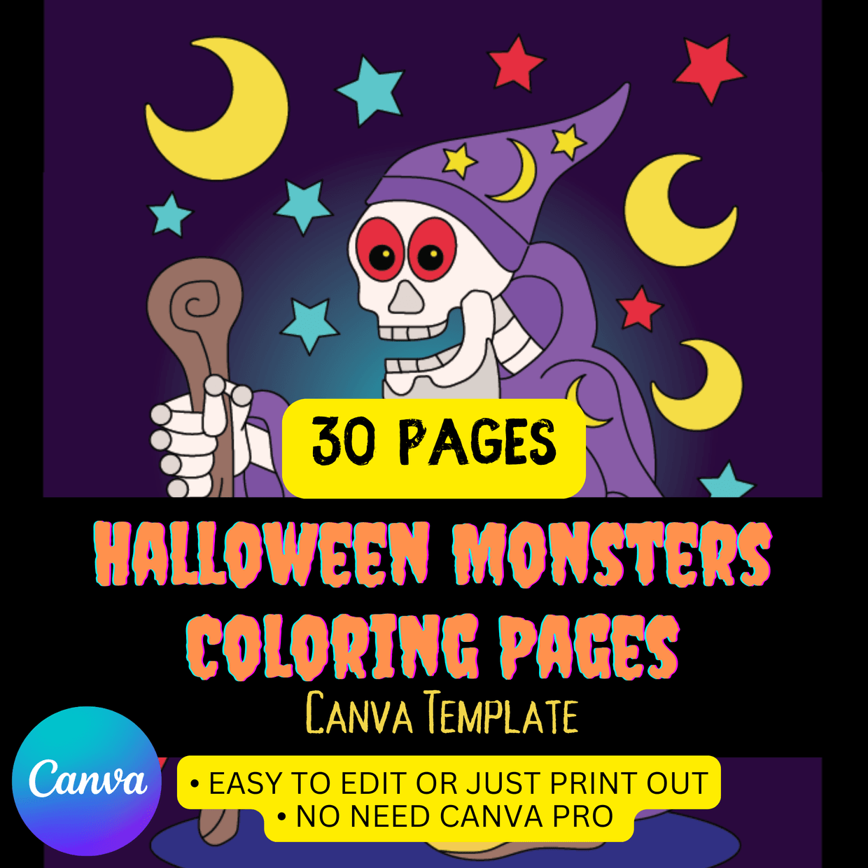 Halloween Monsters Coloring Pages | editable Canva template Printable ...