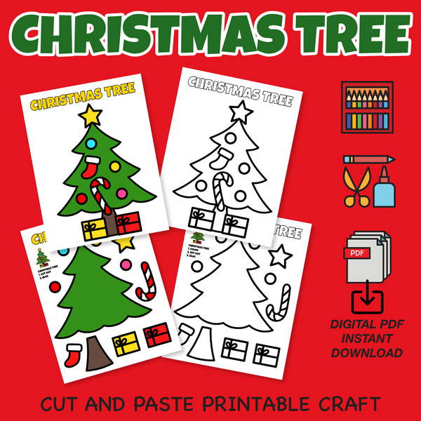 Christmas Tree Cut and Paste Craft Coloring Worksheets