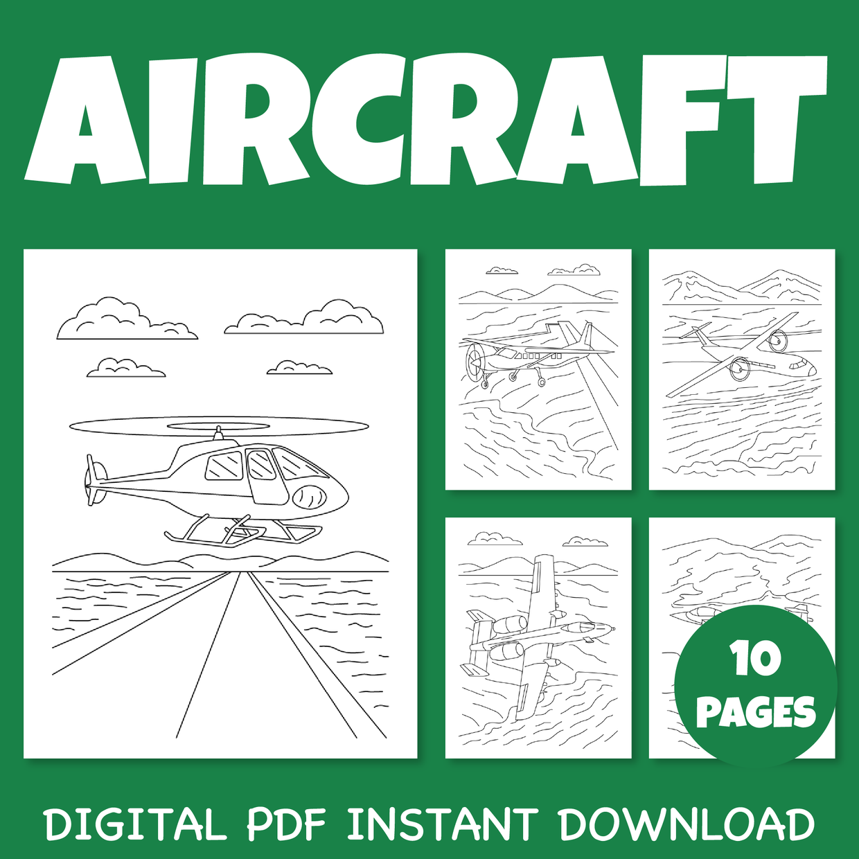 Aircraft such as airplane, helicopter and rocket Coloring Pages Pack 3