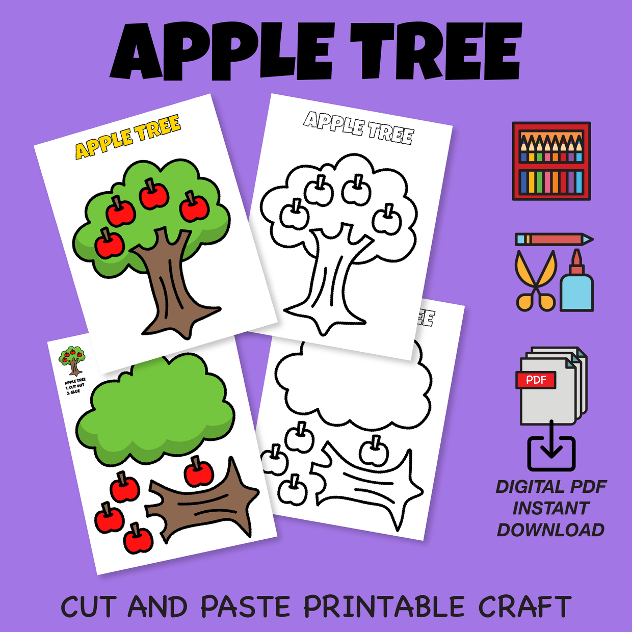Apple Tree Cut and Paste Craft Coloring Worksheets for