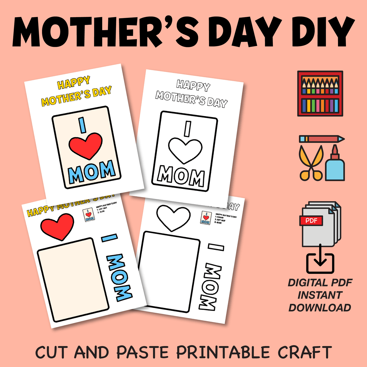 Mothers' Day Card Easy DIY Simple Cut and Paste Craft Coloring ...