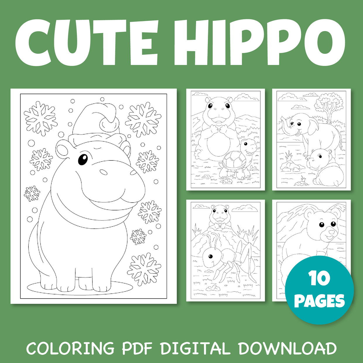 Cute Hippo Coloring Pages Pack 3 | pdf sheet Printable US Letter