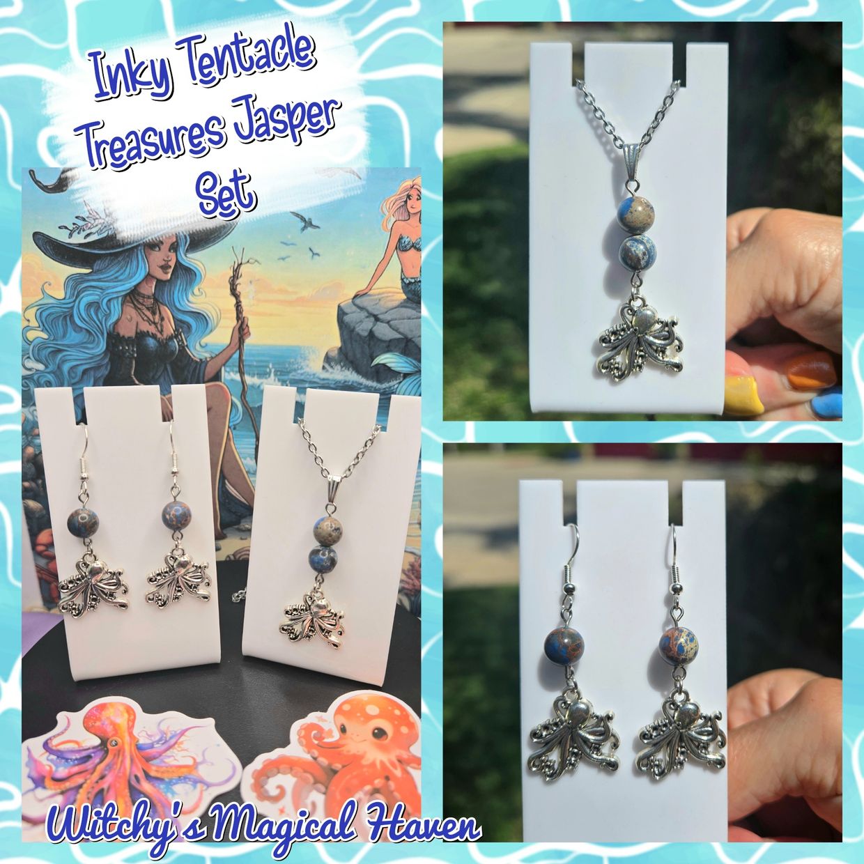 Inky Tentacle Treasures Jasper Pendant and Earrings