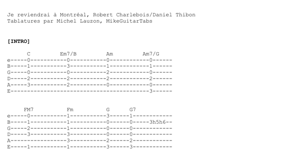 Je reviendrai à Montréal, Robert Charlebois, tablatures (PDF)