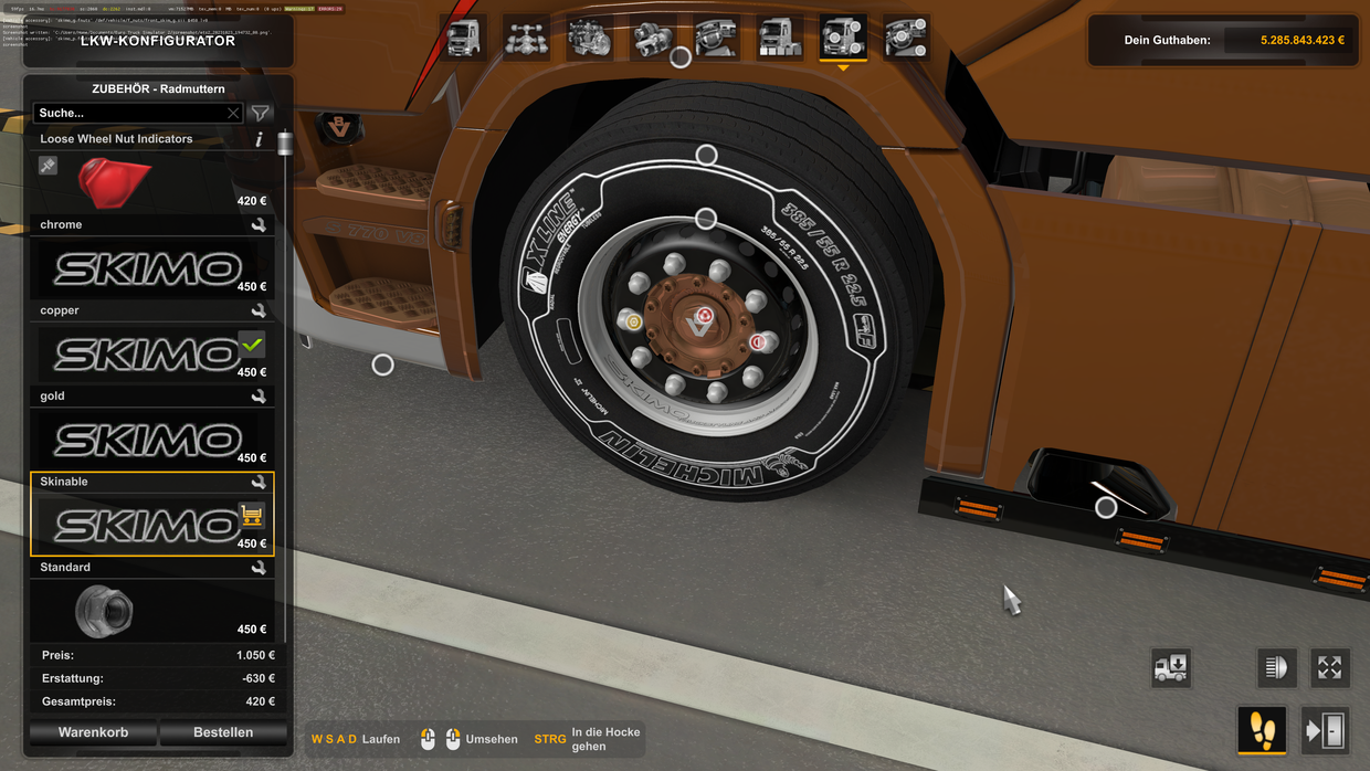 Custom wheels ETS2 in chrome, gold, copper and skinable