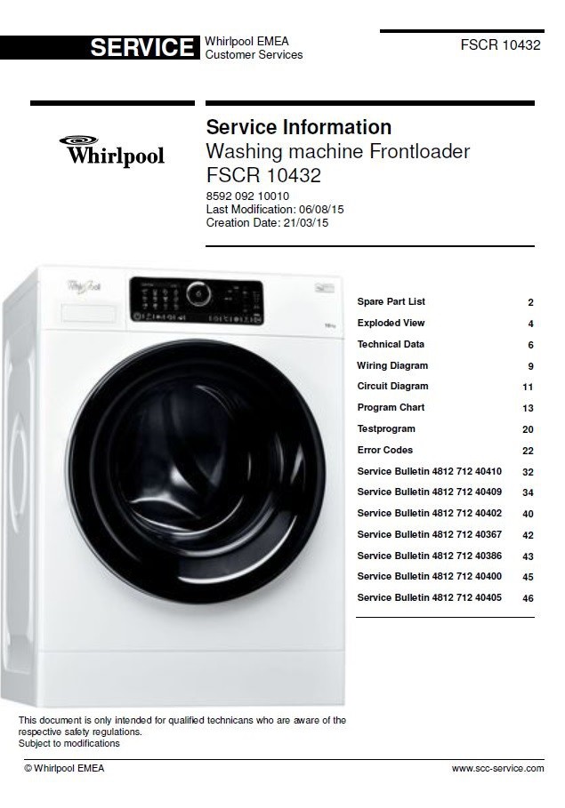 Whirlpool FSCR 10432 Washing Machine Service Info Manu