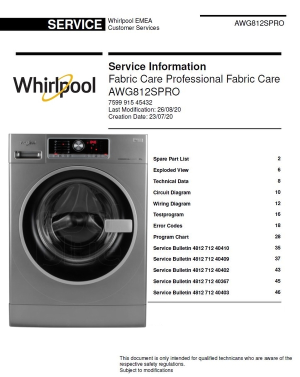 Whirlpool AWG 812 S PRO Washing Machine Service Manual
