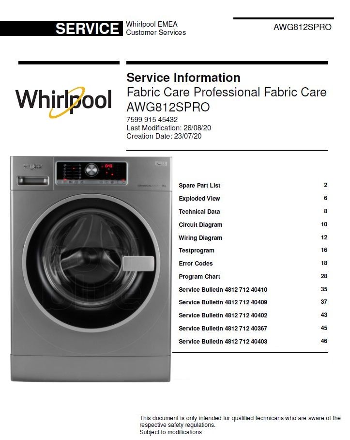 Whirlpool AWG 812 S PRO Washing Machine Service Manual and Technicians ...