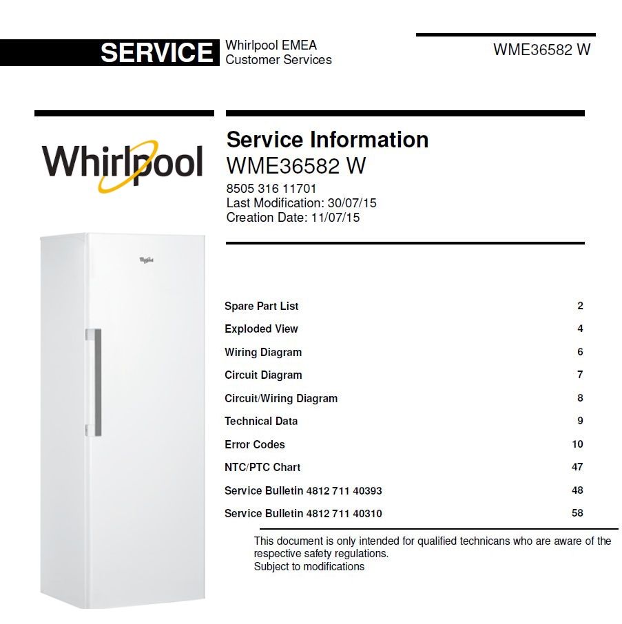 Whirlpool WME36582 W Freezer Service Manual & Technicians Guide