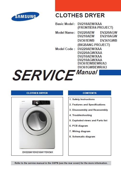 Samsung DV361EWBEWR/ A3 DV361GWBEWR/A3 Dryer Service Manual