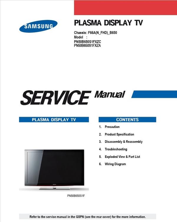 Samsung PN50B650 PN50B650S1F Plasma TV Service Manual