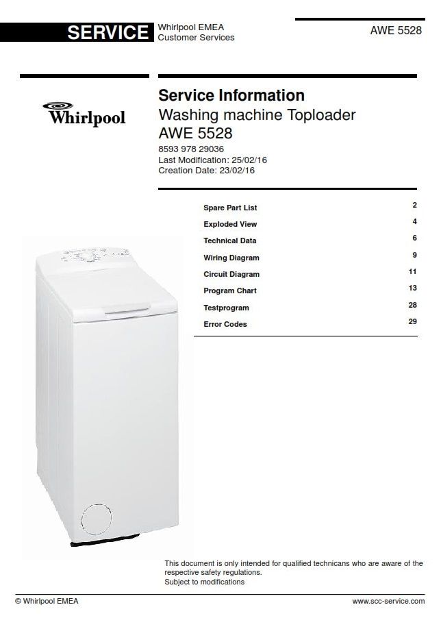 Whirlpool AWE 5528 Washing Machine Service Manual and Technicians Guide