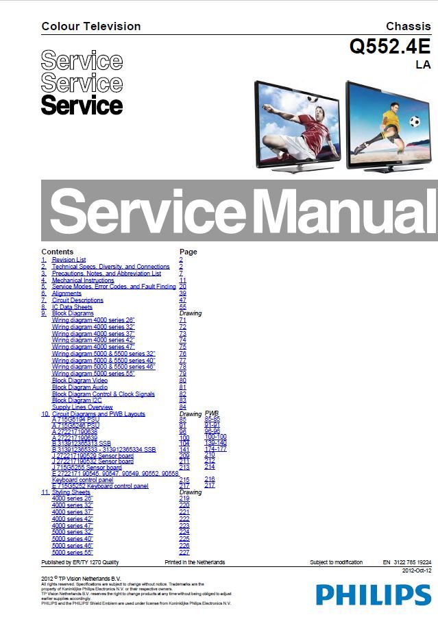 Philips 46PFL5507H Smart LED TV Service Manual Repair Guide