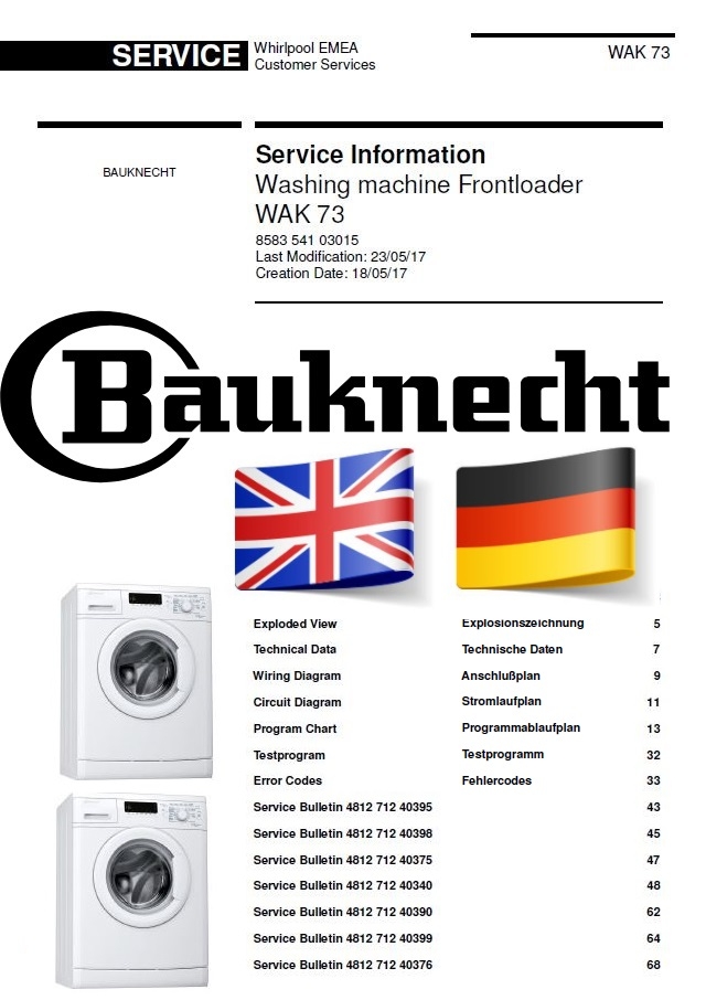 Bauknecht WAK 73 Washing Machine Service Manual