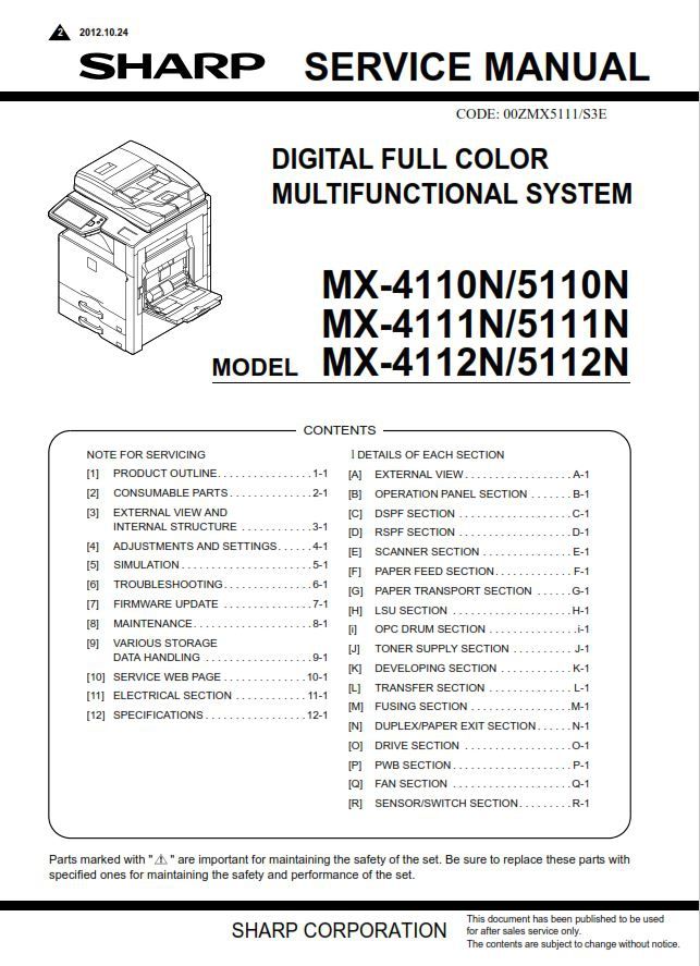 Sharp MX-4111N 5111N Printer Copier Service Manual & Repair Instructions