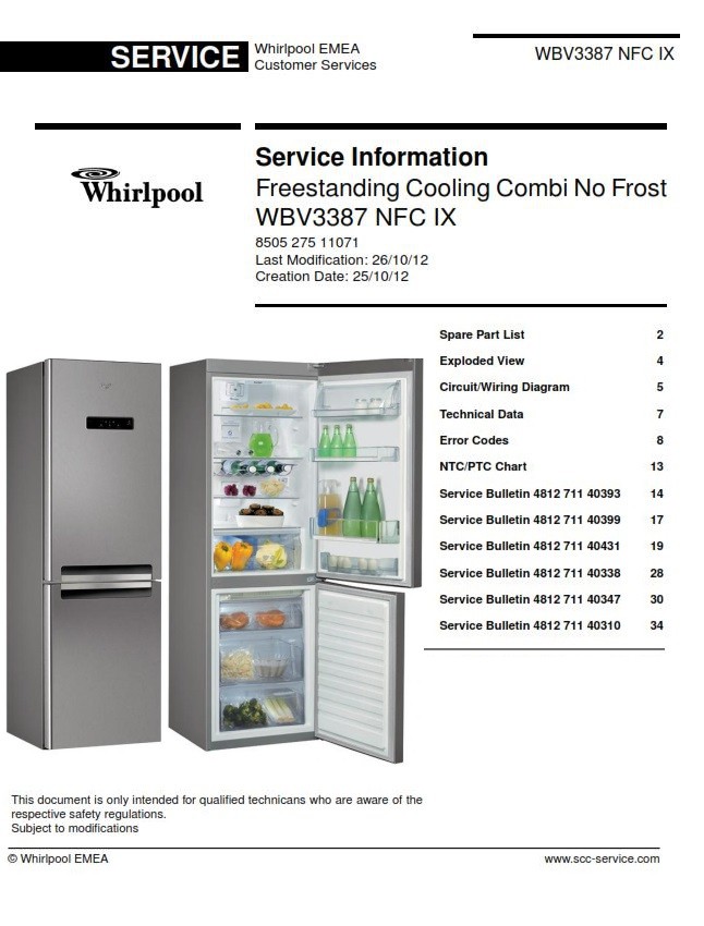 Whirlpool WBV3387 NFC IX Refrigerator Service Manual