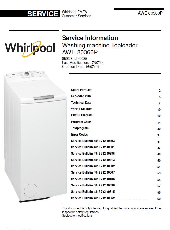 Whirlpool AWE 6100 washing machine Service Manual