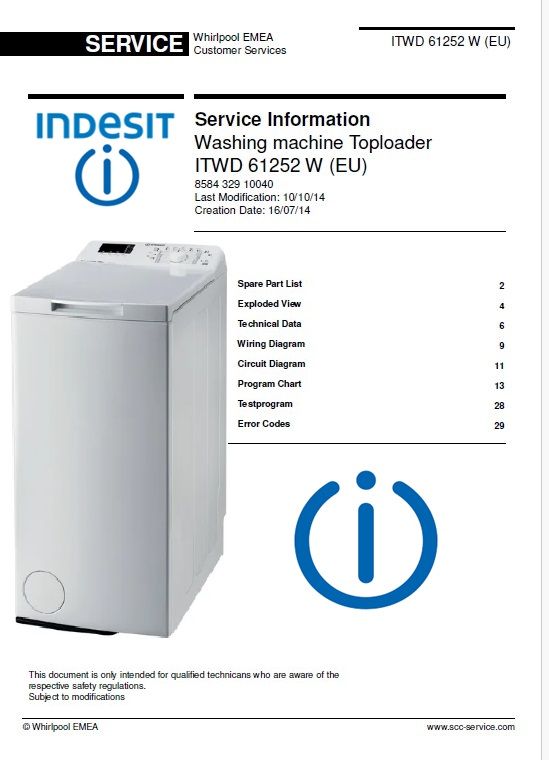 Indesit ITWD 61252 W (EU) Washing Machine Service Manual
