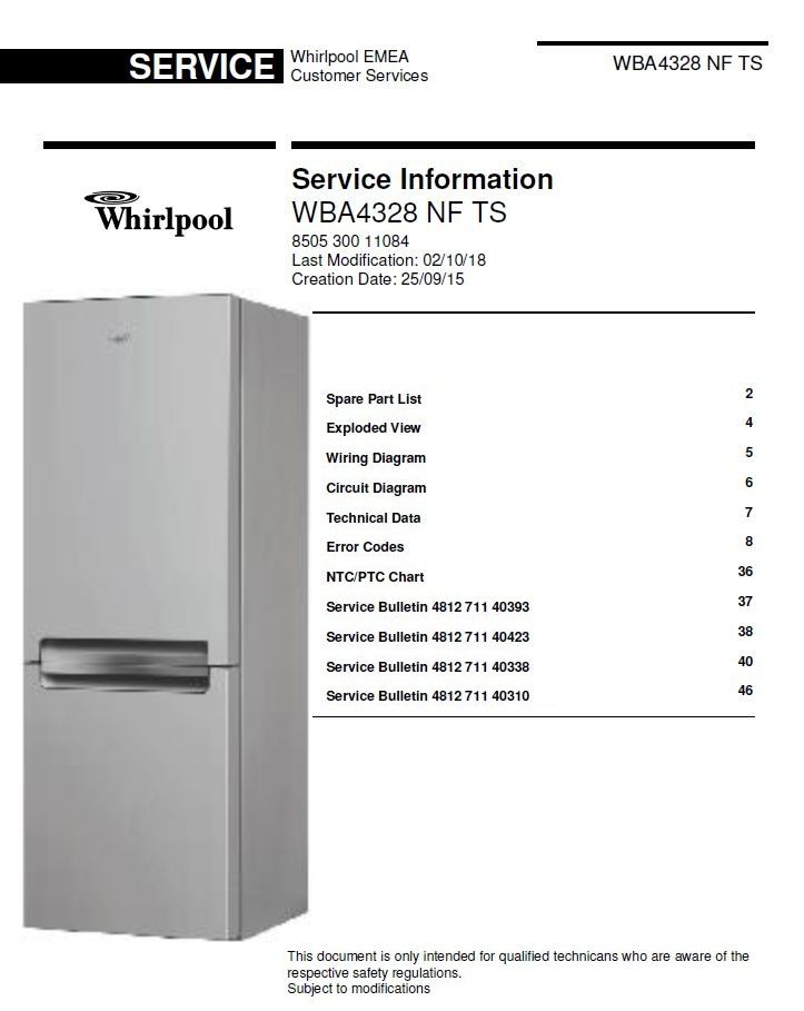Whirlpool WBA4328 NF TS Refrigerator Service Manual & Technicians Guide