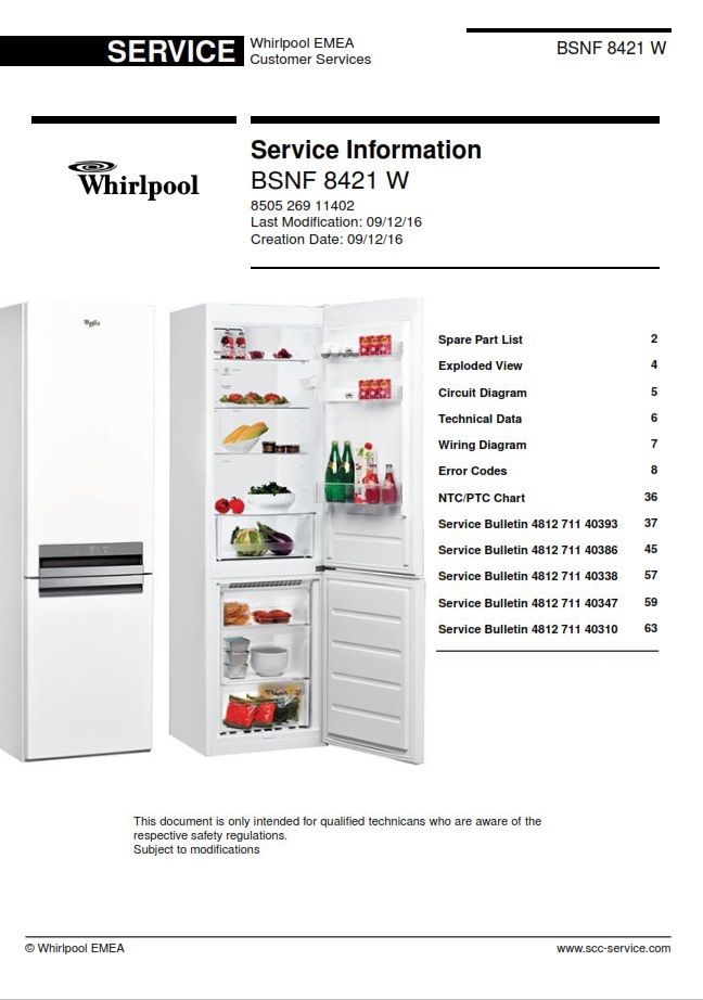 Whirlpool BSNF 8421 W Refrigerator Service Manual