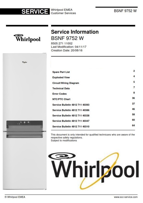 Whirlpool BSNF 9752 W refrigerator Service Manual