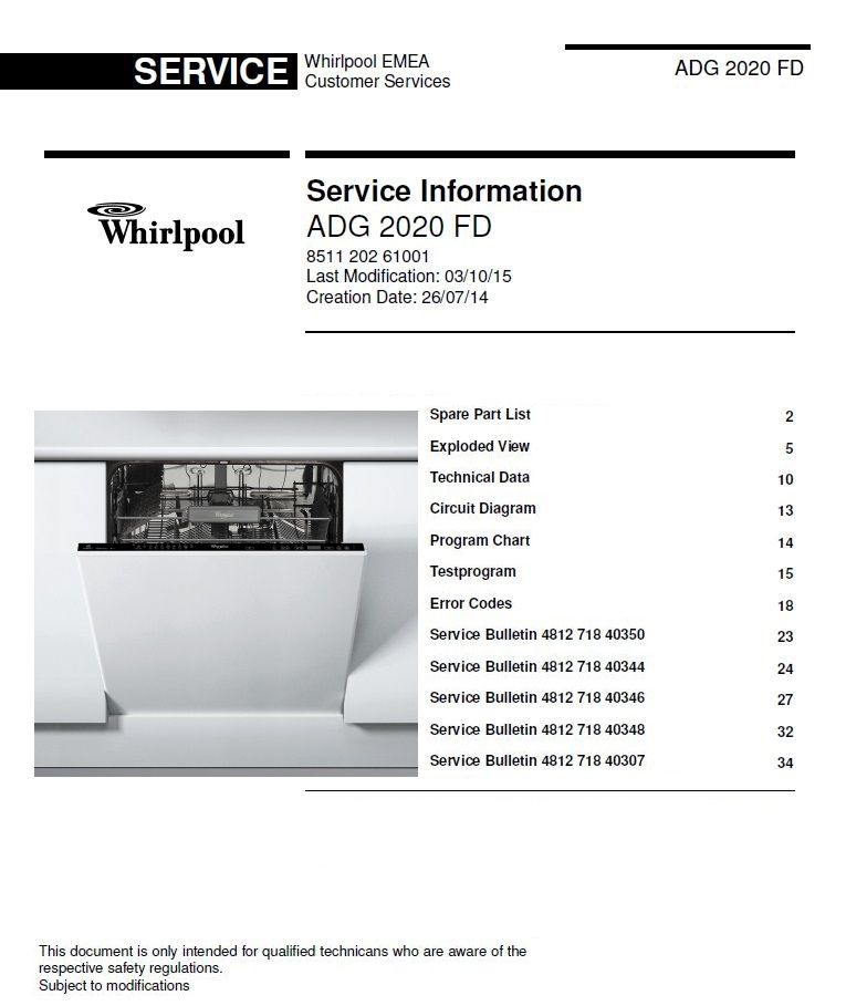 Whirlpool ADG 2020 FD Dishwasher Service Manual & Technicians Guide