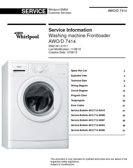 Whirlpool ADPL 7470 IX Dishwasher Service Information
