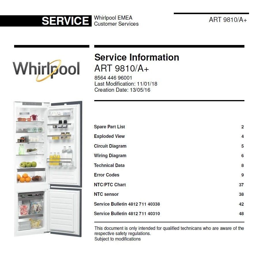 Whirlpool ART 9810 A+ Refrigerator Service Information Manual ...