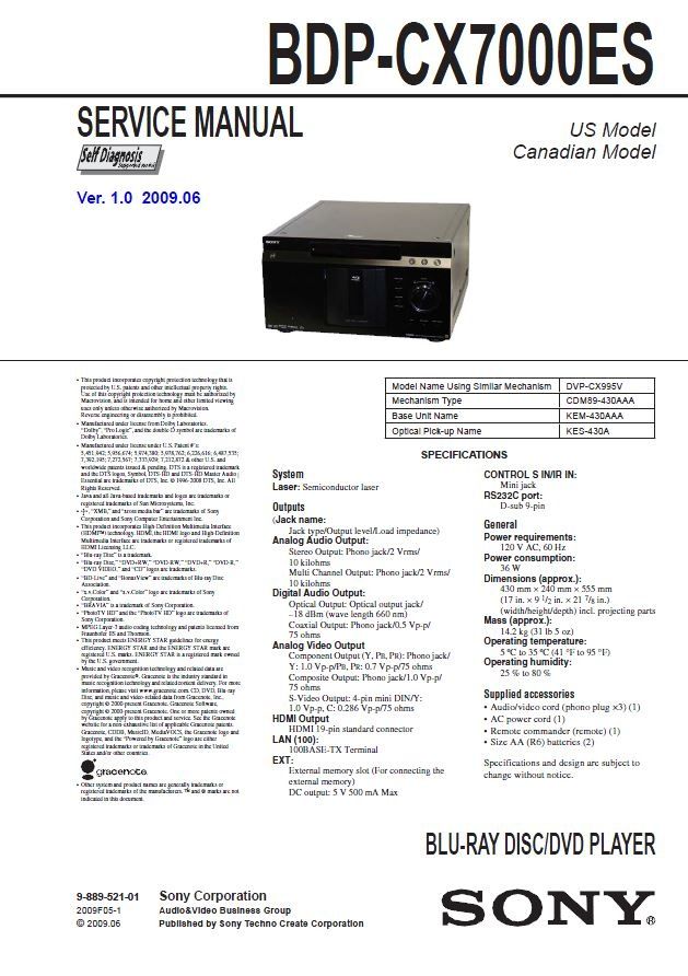 Sony BDP-CX7000ES Multi Disc Blu Ray Player Service Manual