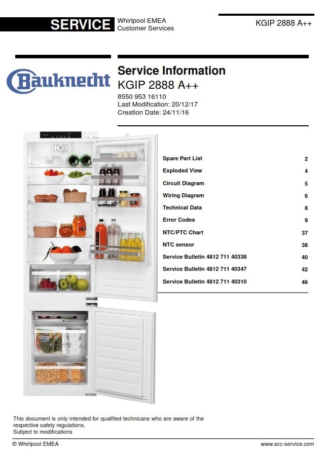 Bauknecht KGIP 2888 A++ Refrigerator Service Manual