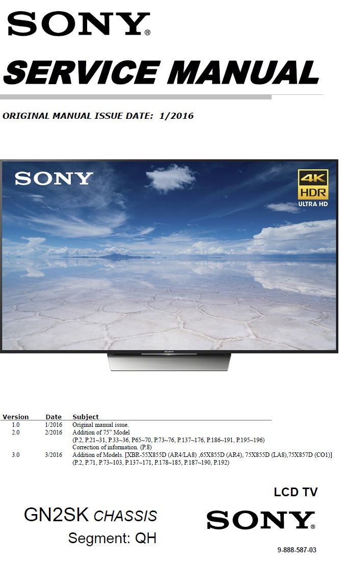 Sony XBR 75X850D 75X857D 75X855D 65X857D 65X855D 65X850D 55X857D ...