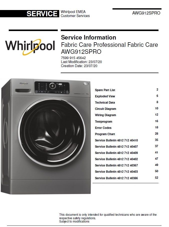 Whirlpool AWG 912 S PRO Washing Machine Service Manual and Technicians ...