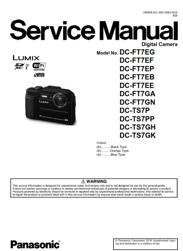 Panasonic Lumix DC-FT7 TS7 Digital Camera Service Manu