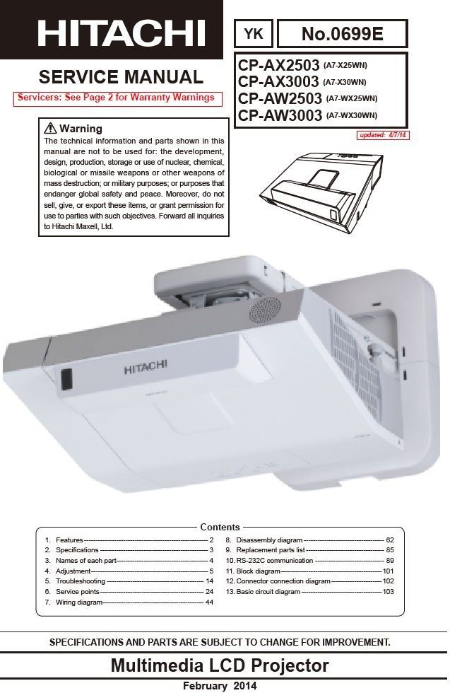 Hitachi CP AW2503 AW3003 AX2503 AX3003 Projector Service Manual