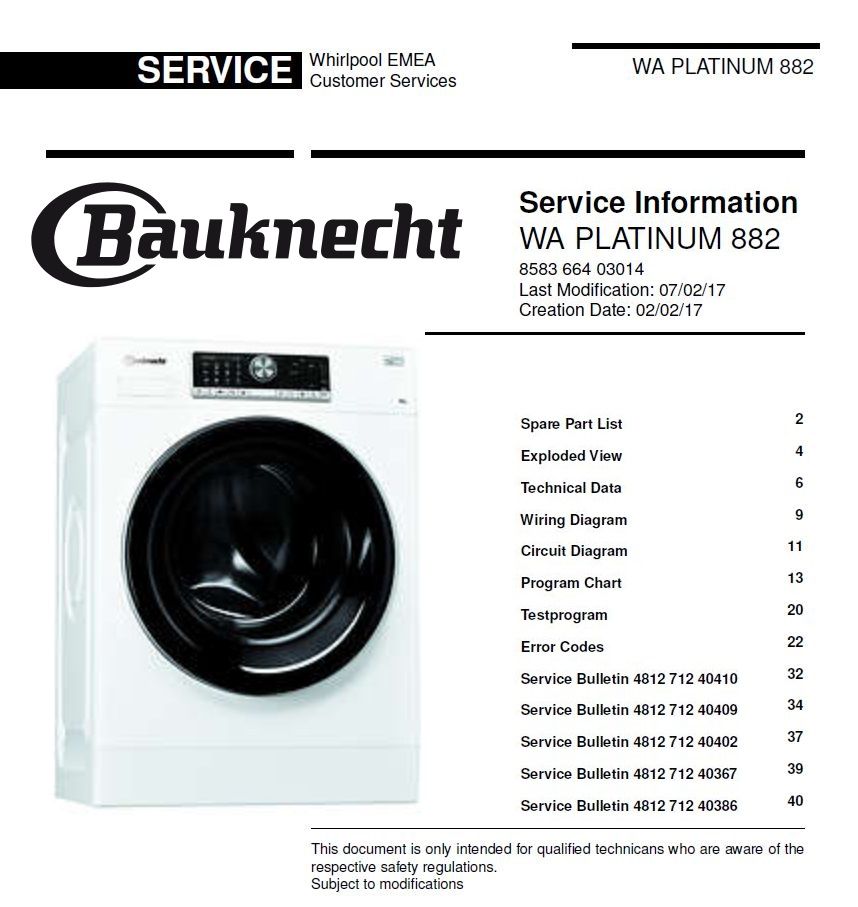 Bauknecht WA PLATINUM 882 Washing Machine Service Manual