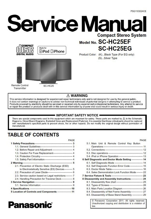 Panasonic SC HC25 HC25EG HC25EF Stereo System Service